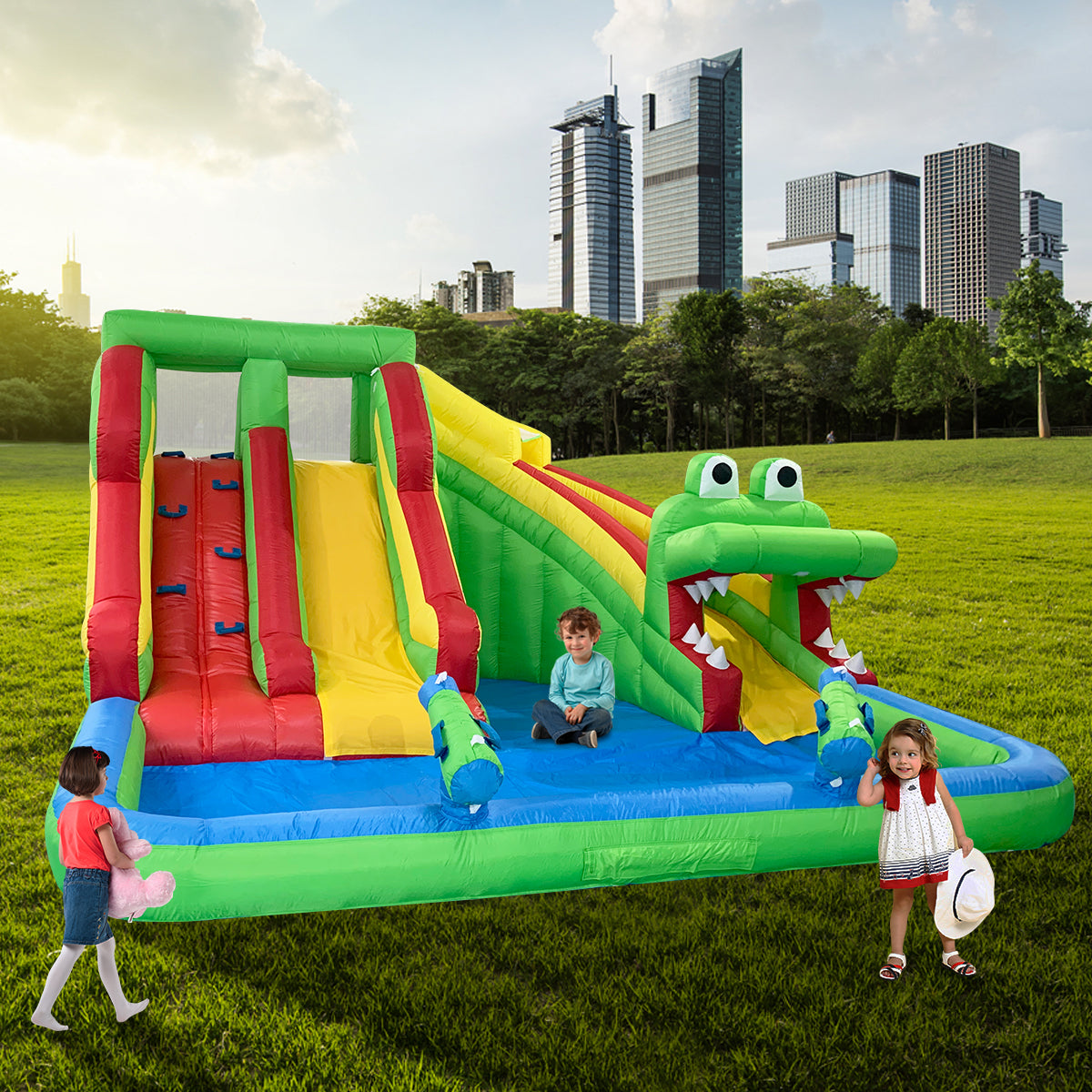 Inflatable Water Slide with Pool - Crocodile Fun for Kids
